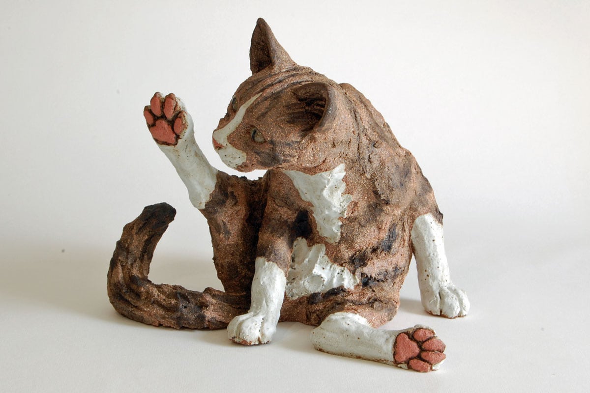 Tabby Cat, Contemplating his back leg - Pippa Hill Animal Sculpture